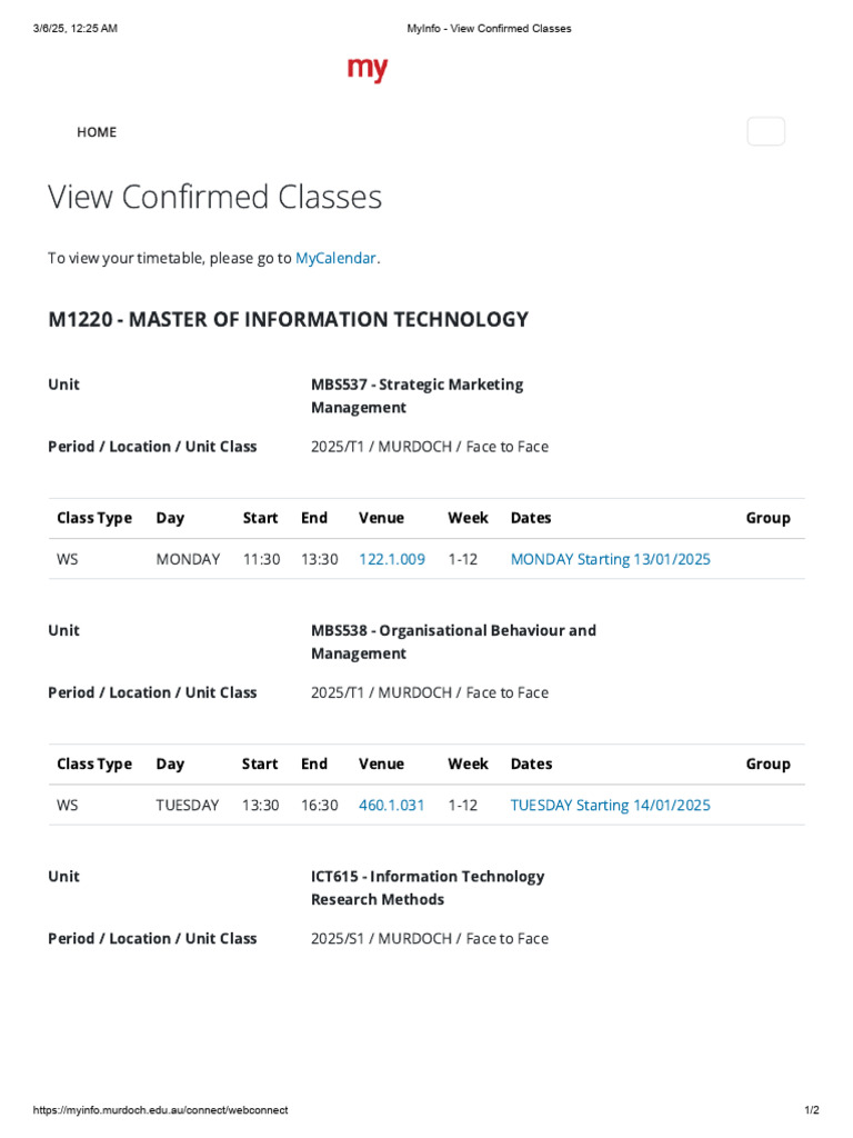 MyInfo - View Confirmed Classes | PDF