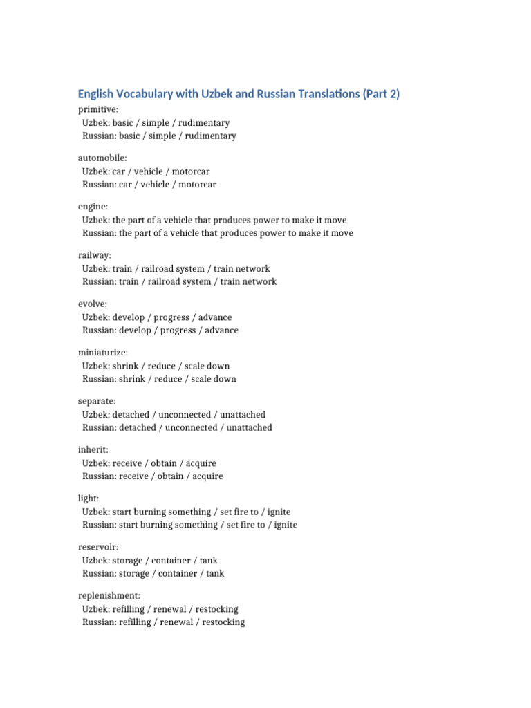 English-Uzbek-Russian Vocabulary Guide | PDF | Kerosene | Engines