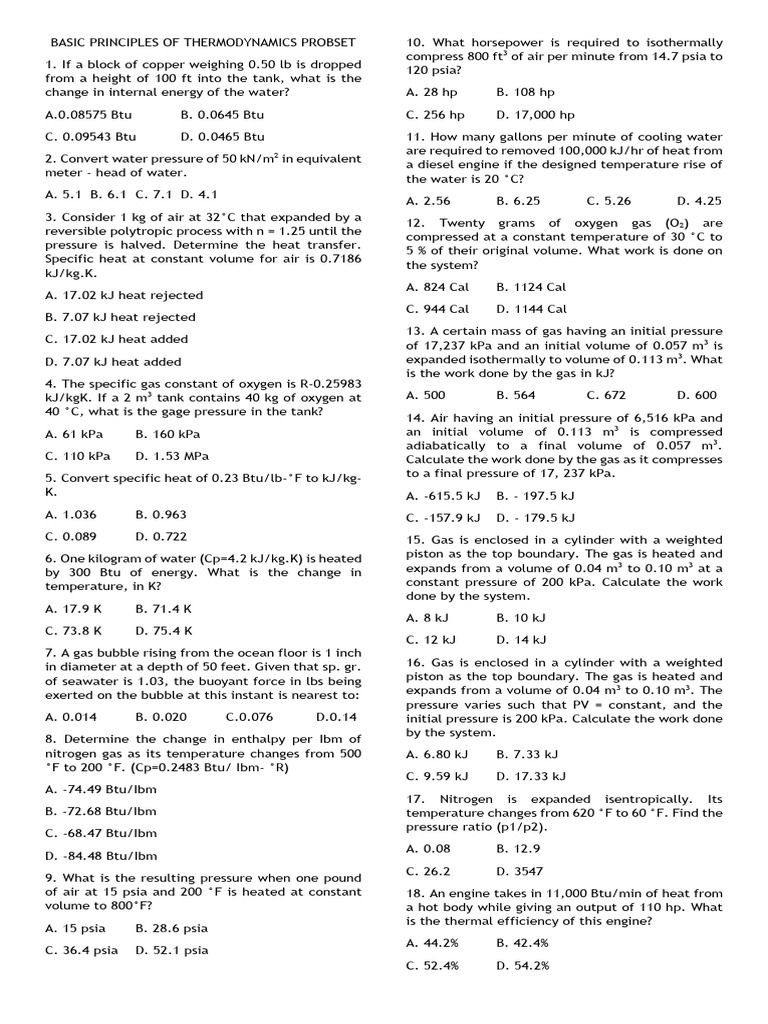 Basic Principles of Thermodynamics Probset 1 | PDF | Pressure | Gases