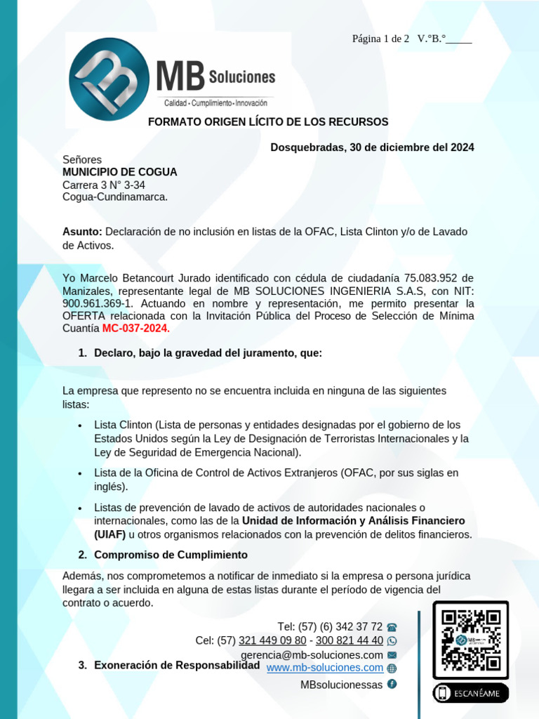 Formato Origen Lícito de Los Recursos | PDF