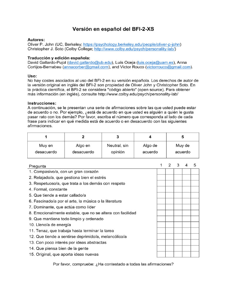 Spanish BFI-2 Extra-Short Form | PDF