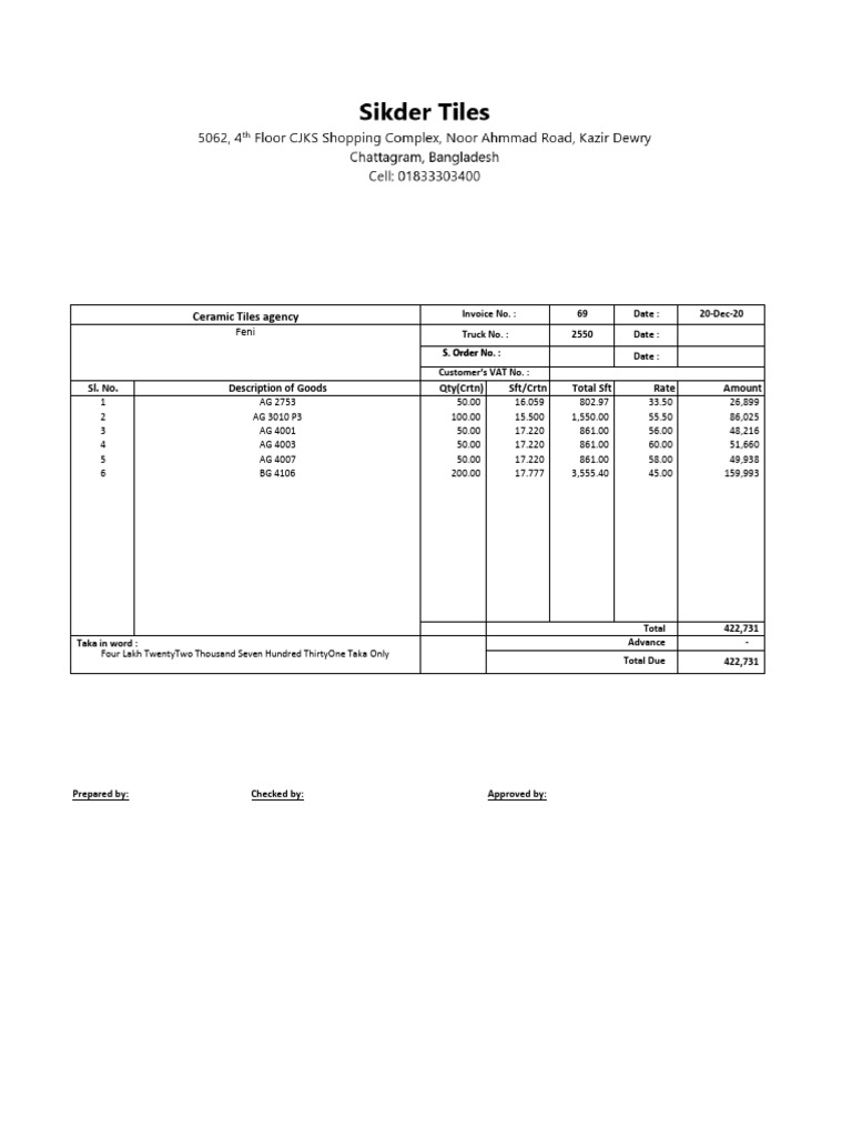 Invoice for Ceramic Tiles Purchase | PDF