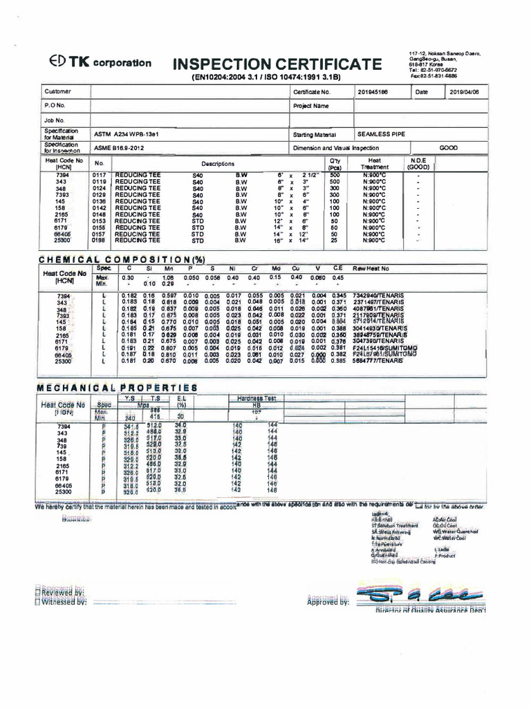 ED TK Corporation Inspection Certificate | PDF