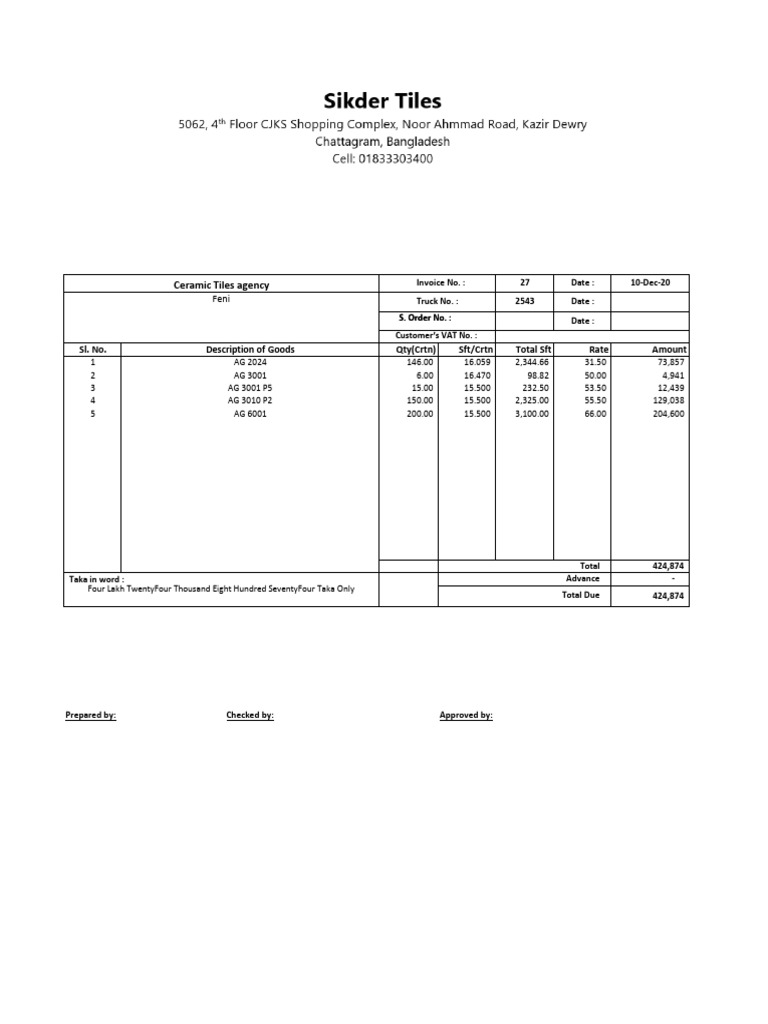 Invoice for Ceramic Tiles Purchase | PDF