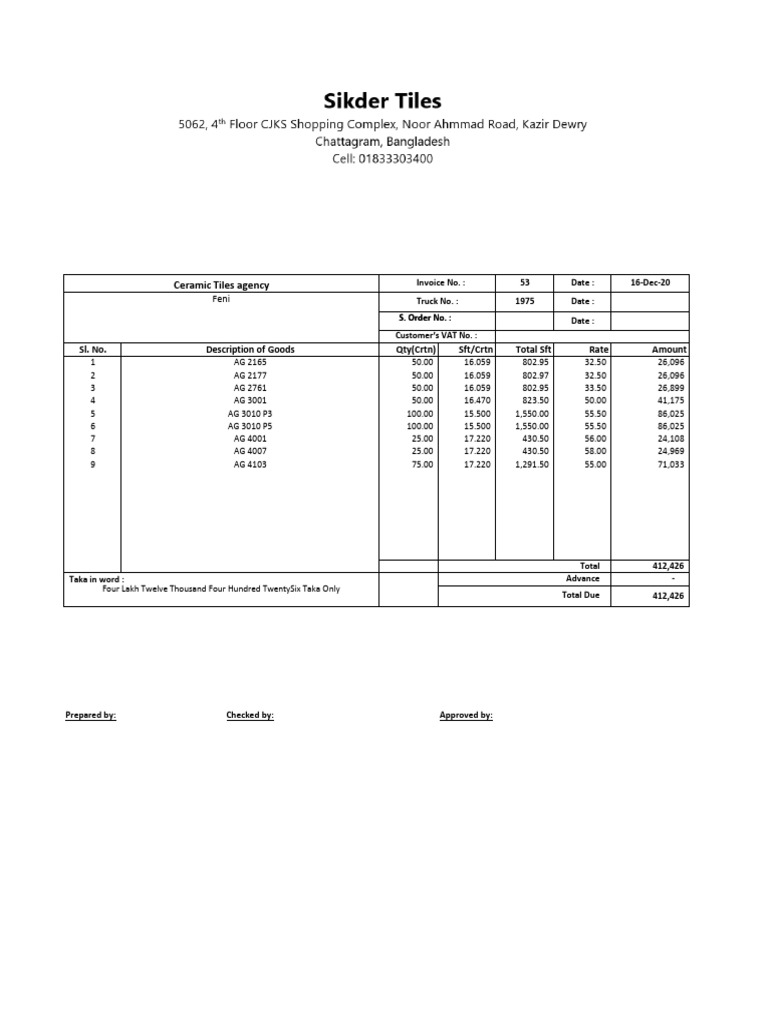 Invoice Summary for Ceramic Tiles | PDF