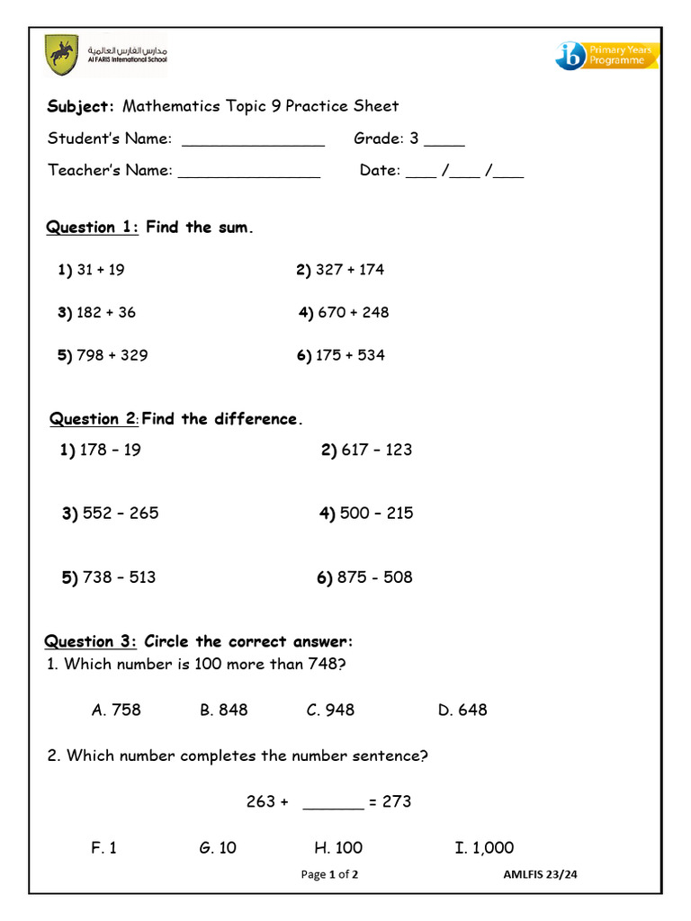 Gr3 Topic 9 Practice Sheet 2024-2025 | PDF