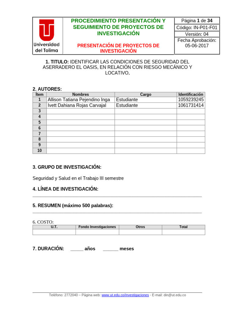In-P01-F01 Formato Presentacion Proyecto de Investigacion Tati | PDF | Seguridad y salud ...