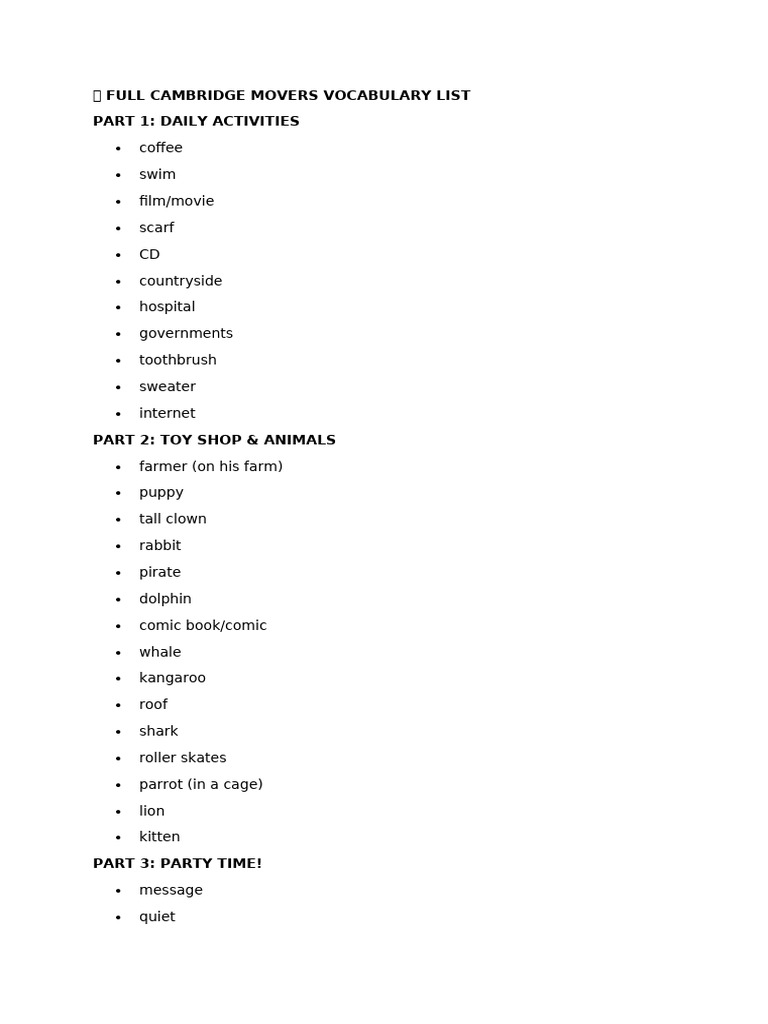 Full Cambridge Movers Vocabulary List Part 1: Daily Activities | PDF