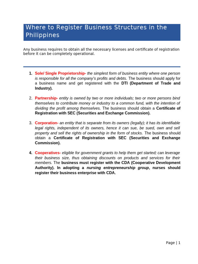 Where To Register Business Structures in The Philippines | PDF