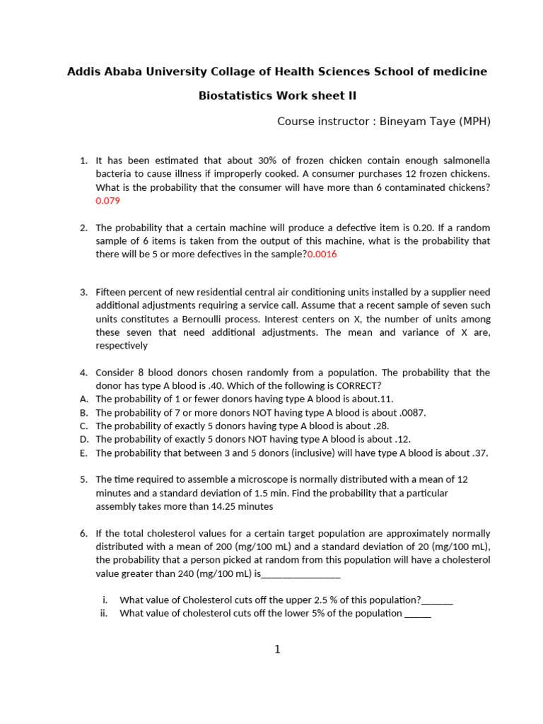 Work Sheet 2 Biostast On Probability | PDF | Standard Deviation | Variance