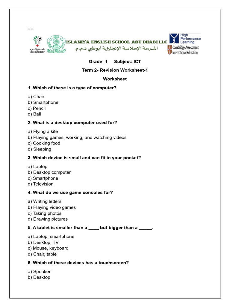 Grade1-Revision Worksheet1-Term2 | PDF | Computer Keyboard | Desktop Computer