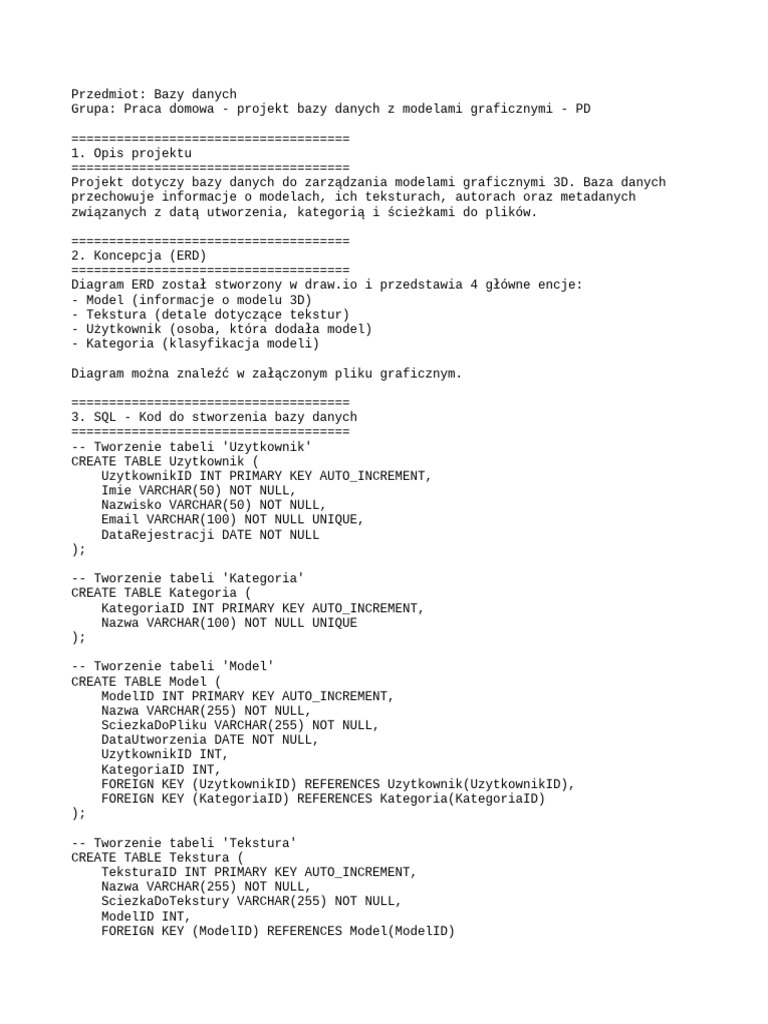 Projekt Bazy Danych Modeli Graficznych | PDF
