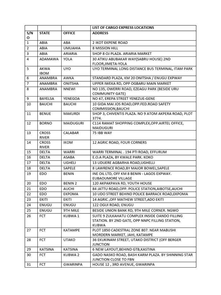 List of ABC Logistics Locations | PDF | Nigeria