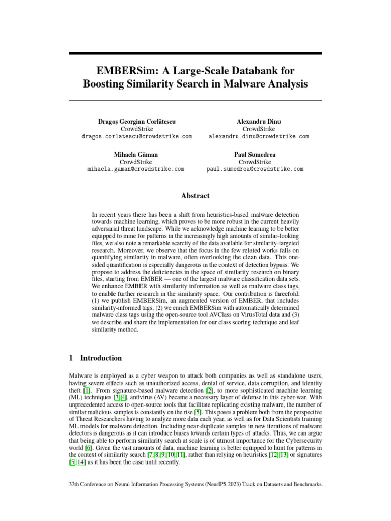 NeurIPS 2023 Embersim A Large Scale Databank For Boosting Similarity Search in Malware Analysis ...
