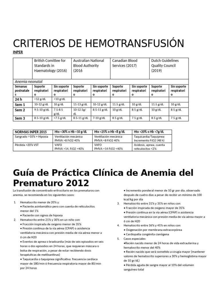 Criterios de Hemotransfusión en Neonatos | PDF | Neumología | Respiración