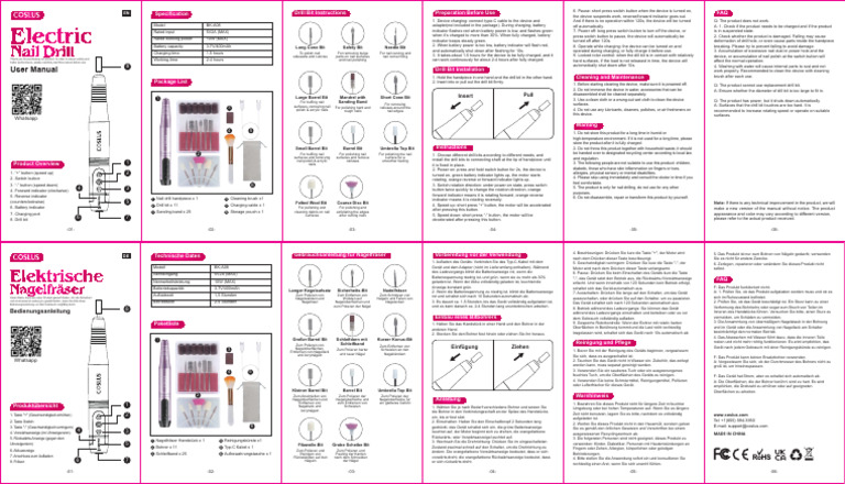 COSLUS BK A08 Electric Nail Drill User Manual | PDF | Drill | Nail (Anatomy)