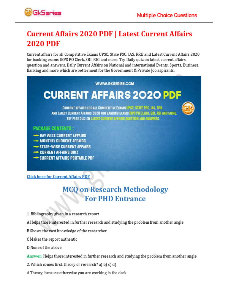 MCQs on Research Methodology for PhD | PDF | Experiment | Sampling ...