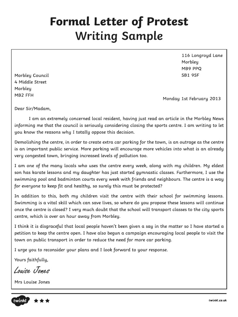Formal Letter of Protest Writing Sample Higher Ability | PDF