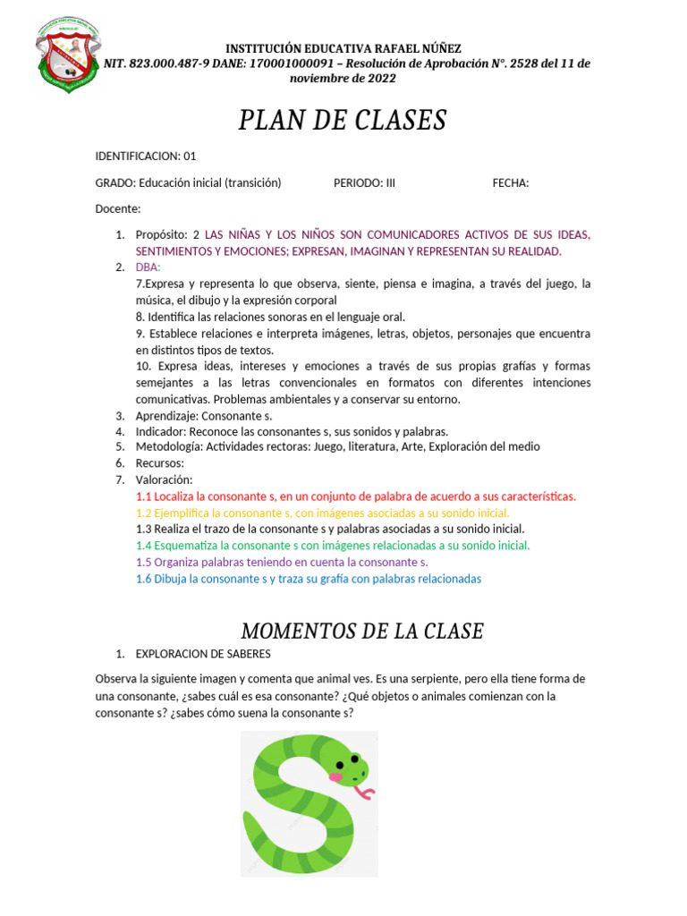Plan de Clases: Consonantes S y L | PDF | Educación de la primera ...