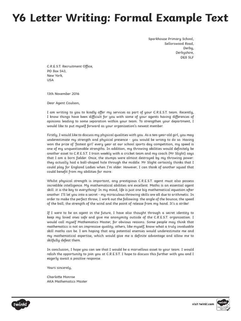 Y6 Formal Letter Writing Example | PDF | Sentence (Linguistics ...