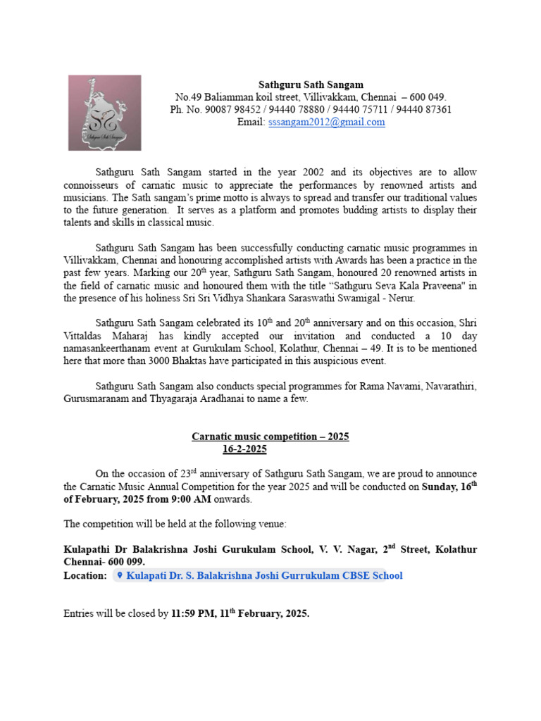 Music Competition 2025 - Rules and Regulation Sathguru Sath Sangam | PDF | Musicology