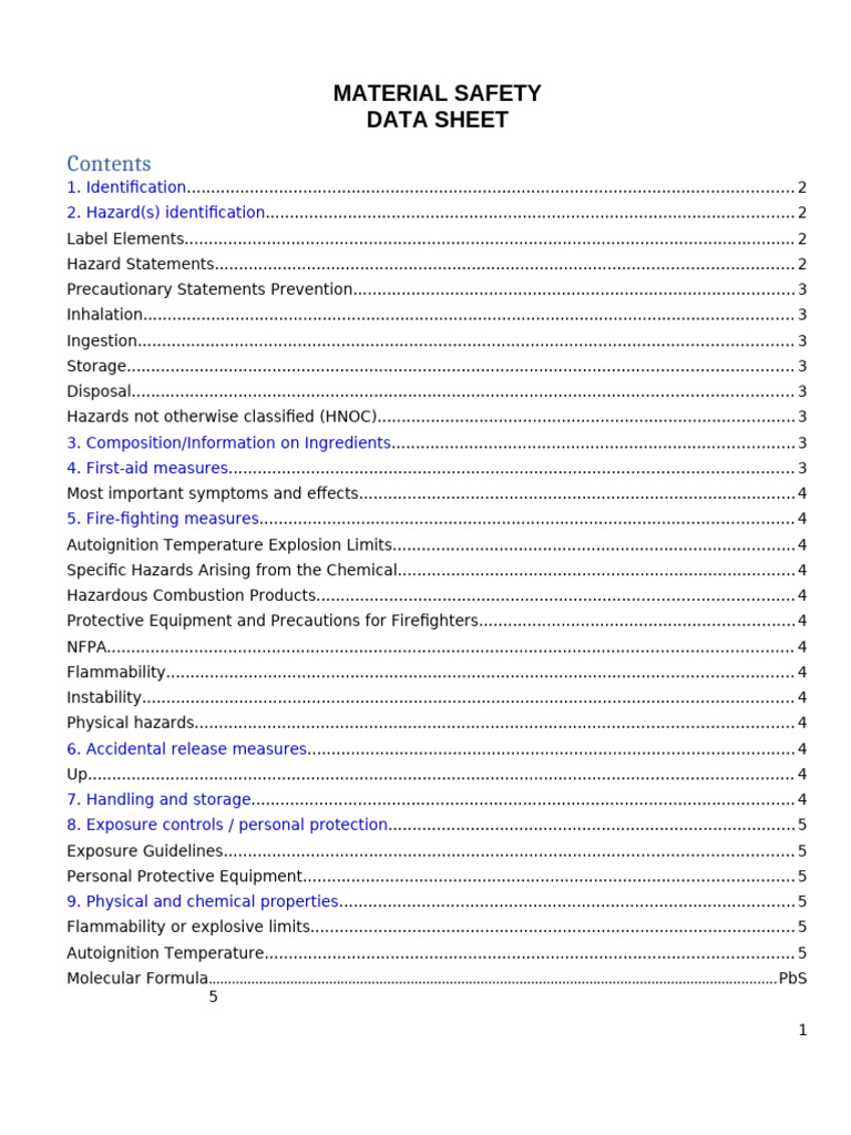 Galena Safety Data Sheet | PDF | Lead | Personal Protective Equipment