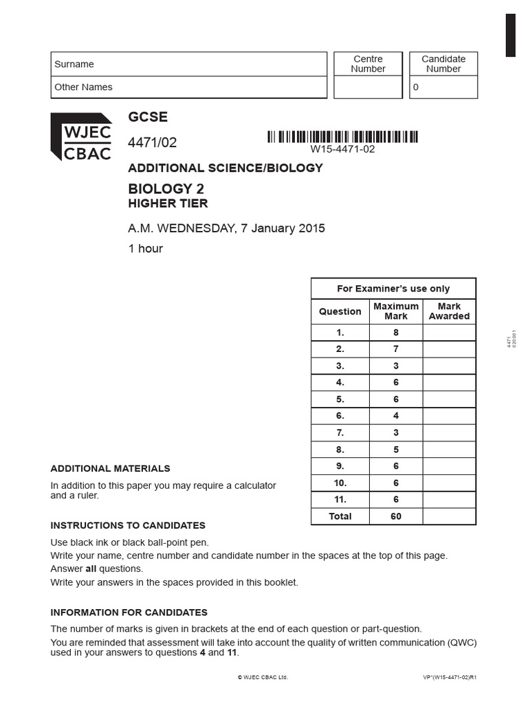 January 2015 QP - Unit 2 (H) WJEC Biology GCSE | PDF | Scuba Diving | Cell (Biology)