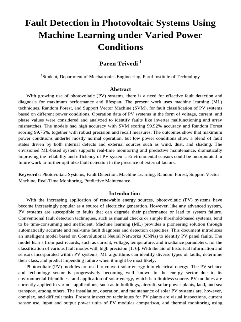 Fault Detection In Pv Systems Using Ml Under Varied Power Conditions