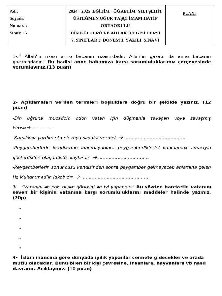 Sinif Dkab 2. Dönem 1. Sinav Sorulari | PDF