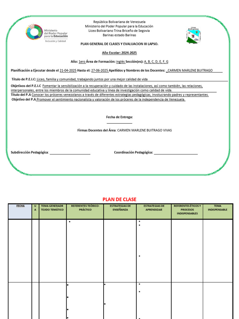 Plan de Clases 3er Lapso - Prácticas I UNELLEZ | PDF | Pedagogía | Sustantivo