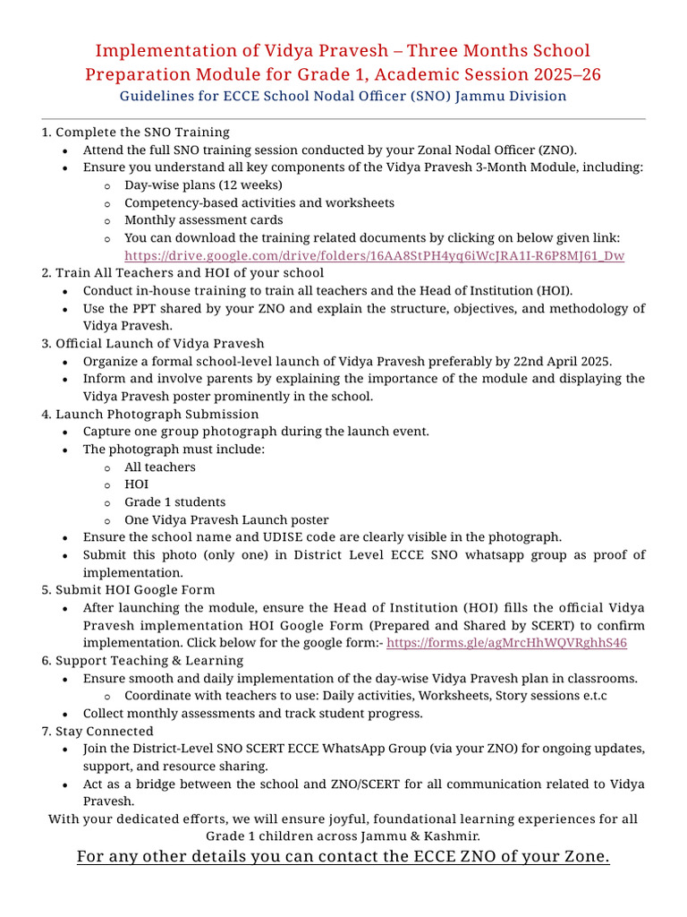 ECCE SNOs Guidelines For Implementation of Vidya Pravesh | PDF | Learning