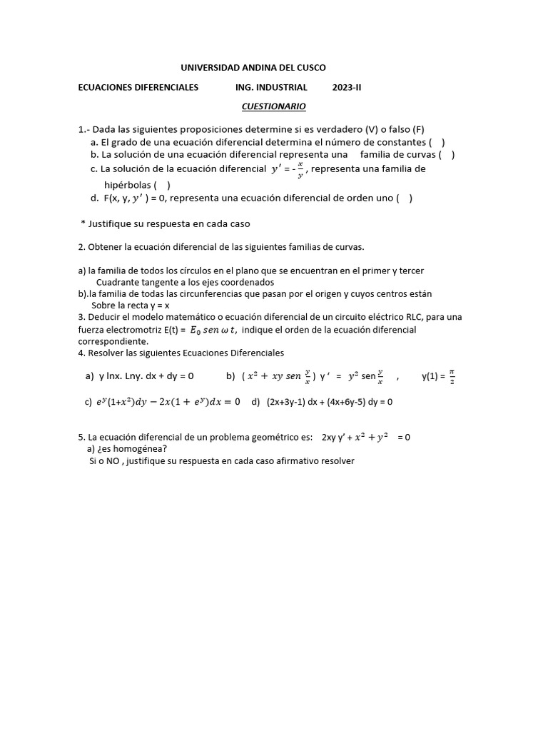 Ecuaciones Diferenciales Ing. Industrial Cuestionario 2023-Ii | PDF