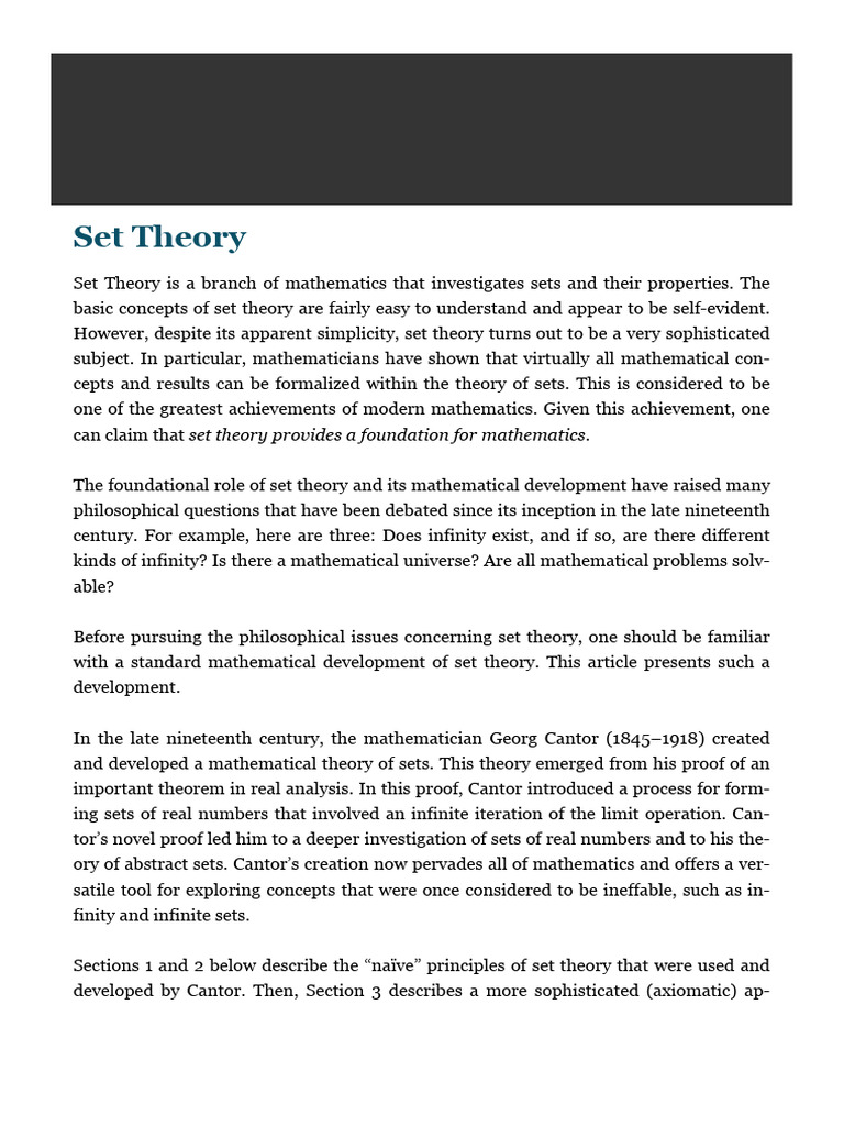 Set Theory | Internet Encyclopedia of Philosophy | PDF | Set (Mathematics) | Empty Set