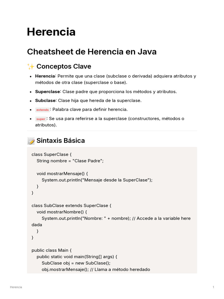 Cheatsheet de Herencia en Java | PDF | Herencia (Programación Orientada ...