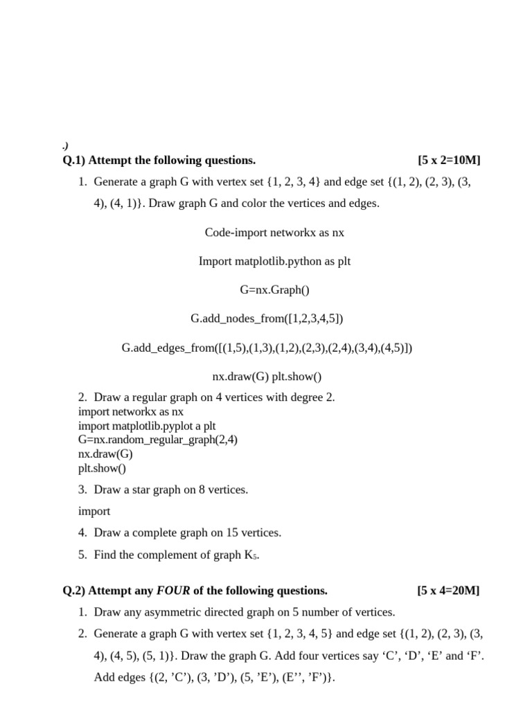 Graph Theory Practical Exam Questions | PDF | Vertex (Graph Theory) | Theoretical Computer Science