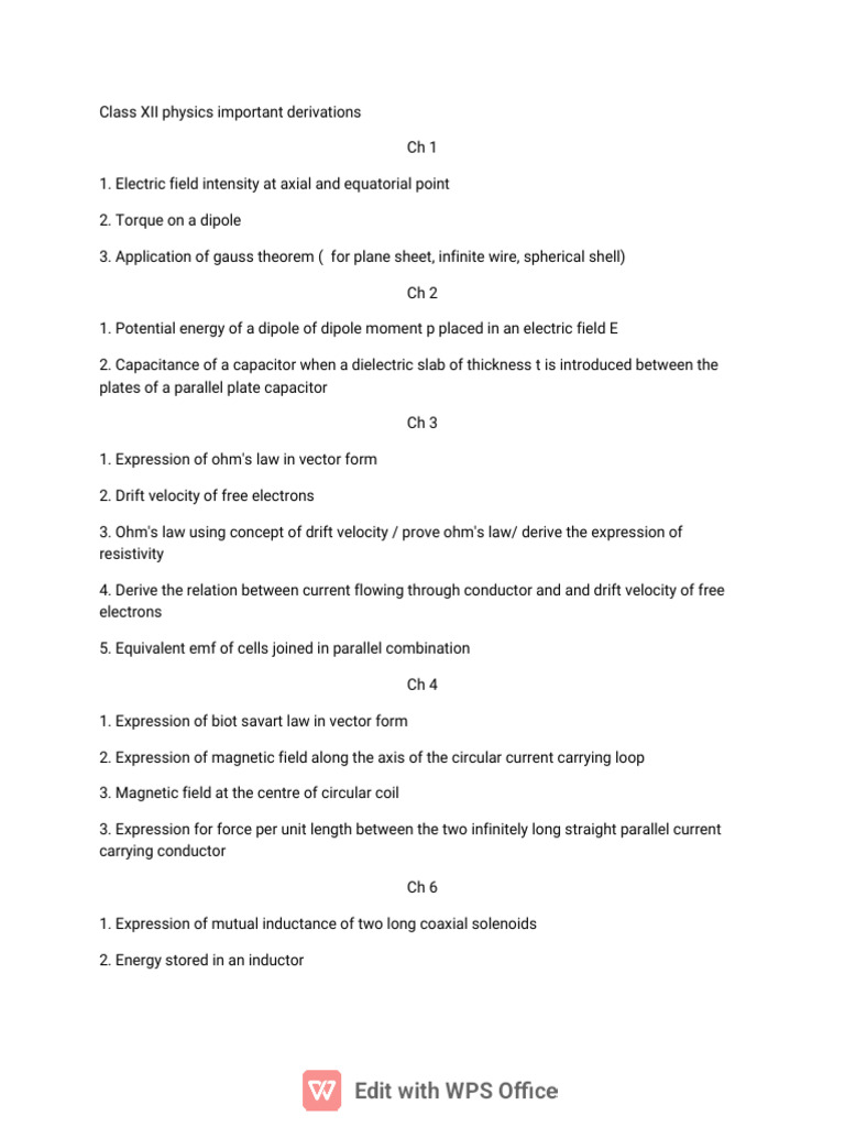Class XII Physics Important Derivations | PDF | Capacitor | Inductor