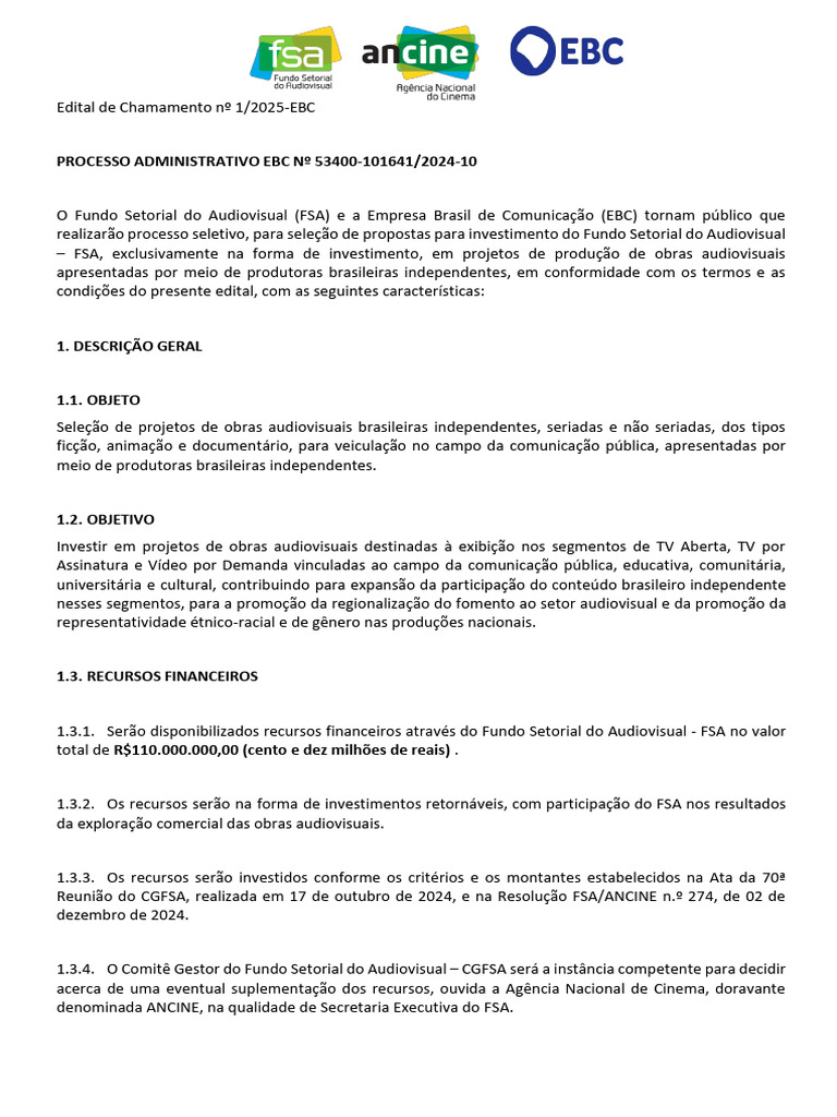 Edital FSA EBC: Seleção de Projetos Audiovisuais | PDF | Televisão ...