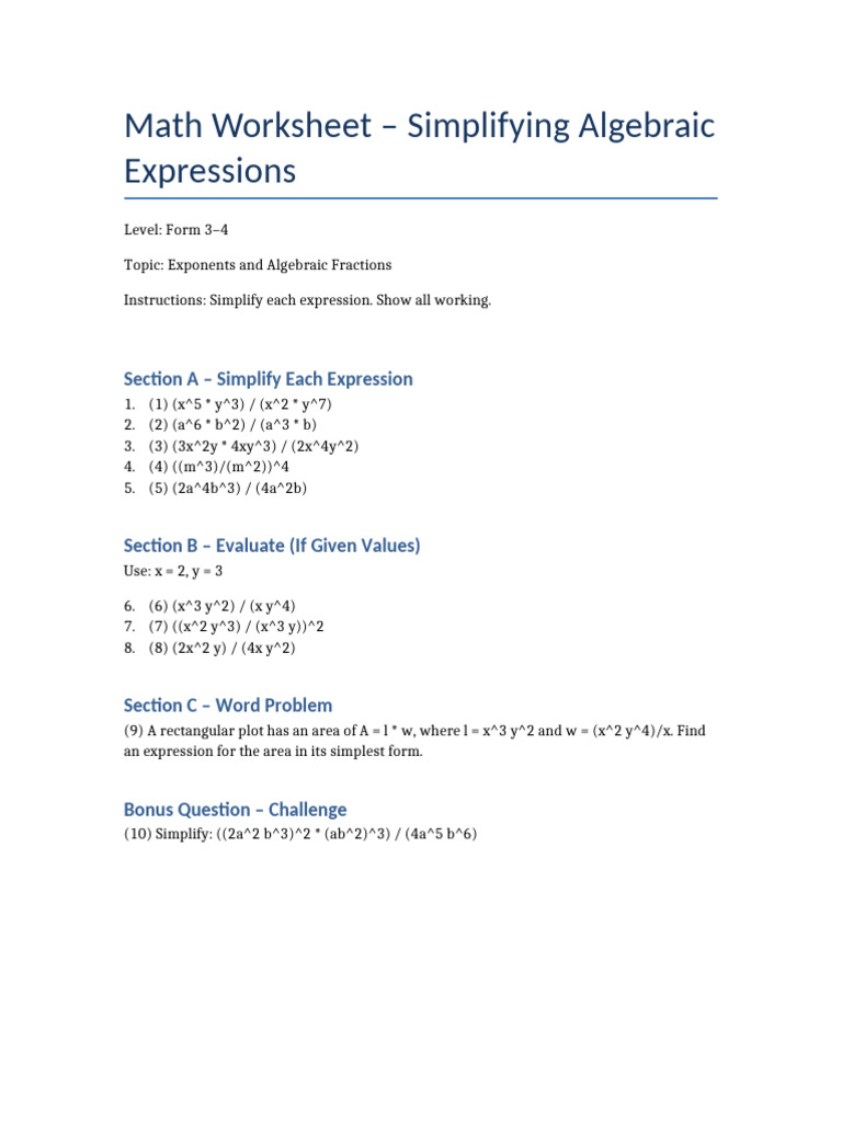 Form3-4 Algebra Worksheet | PDF