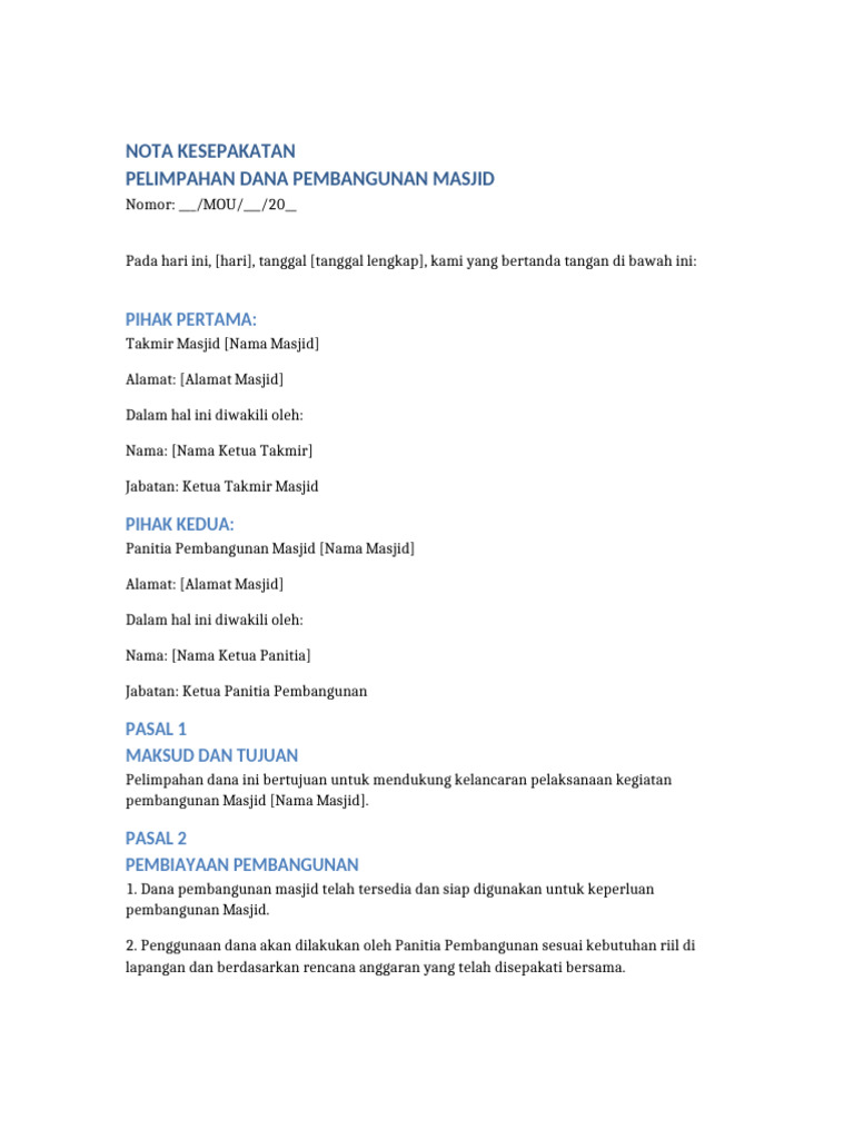 Nota Kesepakatan Pelimpahan Dana Masjid | PDF