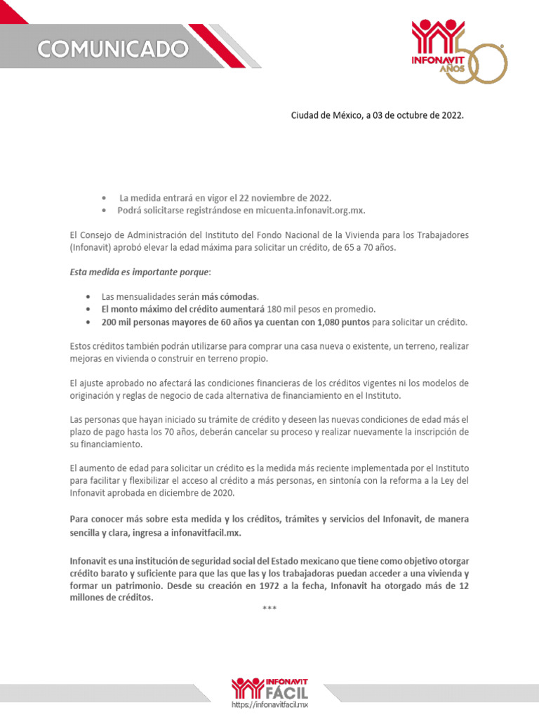 Comunicado 063 Infonavit - Incremento de Edad Más Plazo de 65 A 70 Años 03102022 | PDF