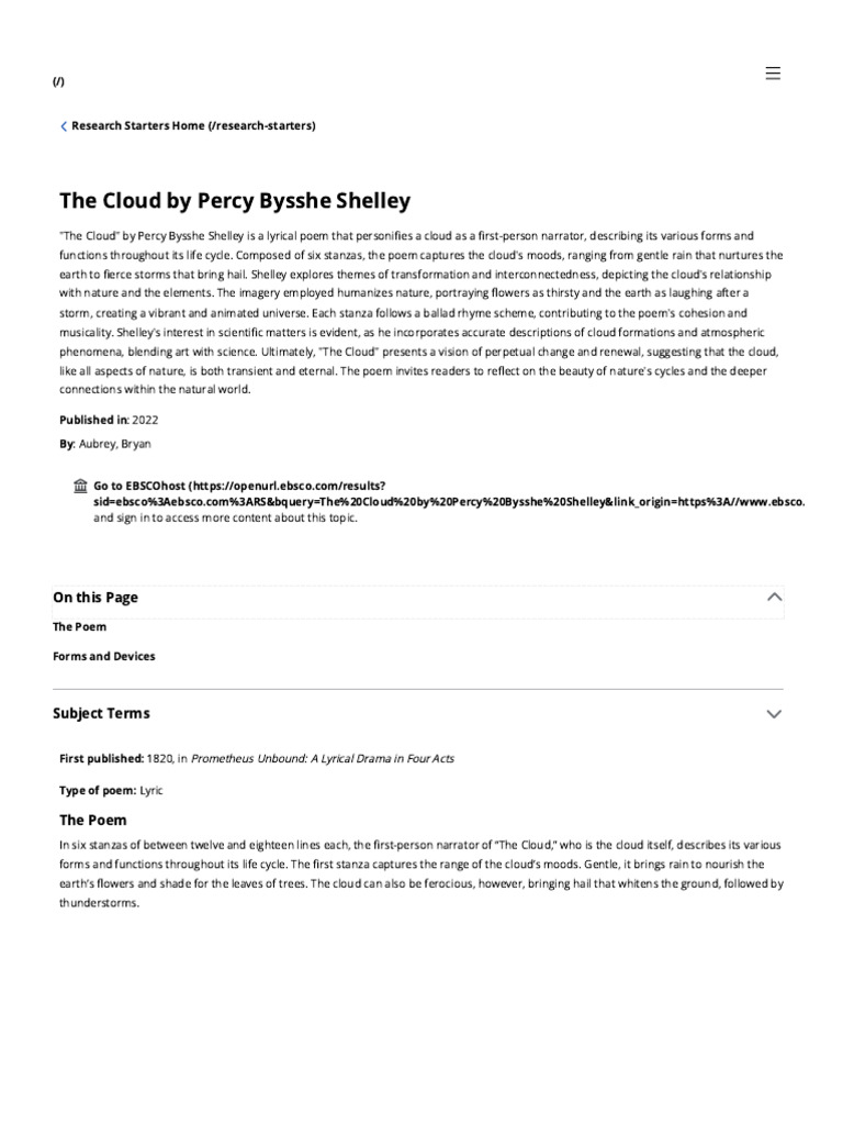 The Cloud by Percy Bysshe Shelley - EBSCO Research Starters | PDF | Cloud | Poetry