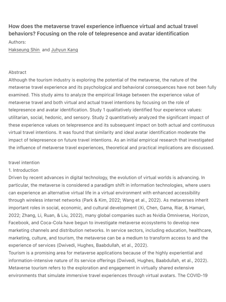 How Does The Metaverse Travel Experience Influence Virtual and Actual ...
