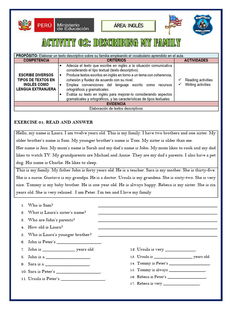 Actividades de Textos Descriptivos en Inglés | PDF | Family | Living ...