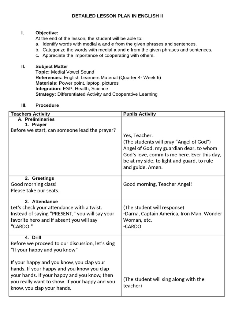 English II Lesson Plan: Medial Vowels | PDF | Lesson Plan | Consonant
