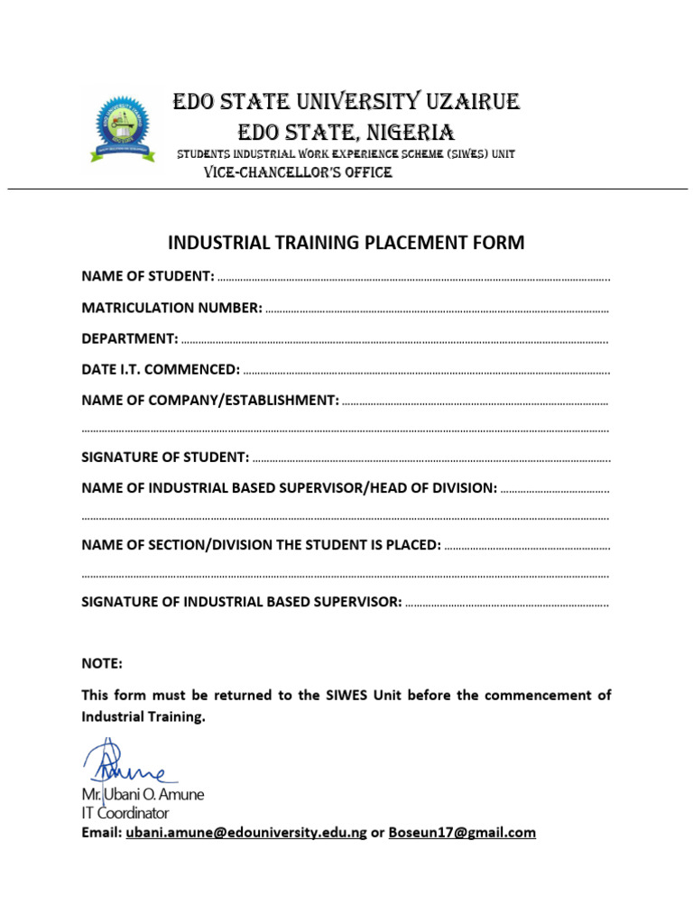 Industrial Training Placement Form | PDF