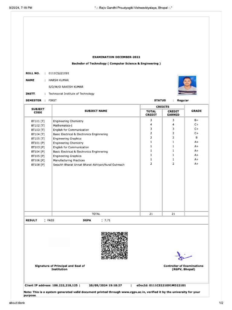 1st Semester MARKSHEET | PDF