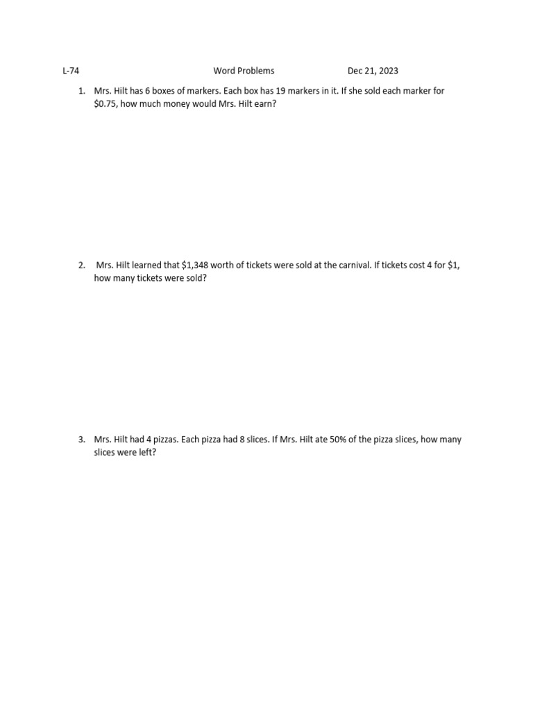 Mrs. Hilt's Math Word Problems | PDF