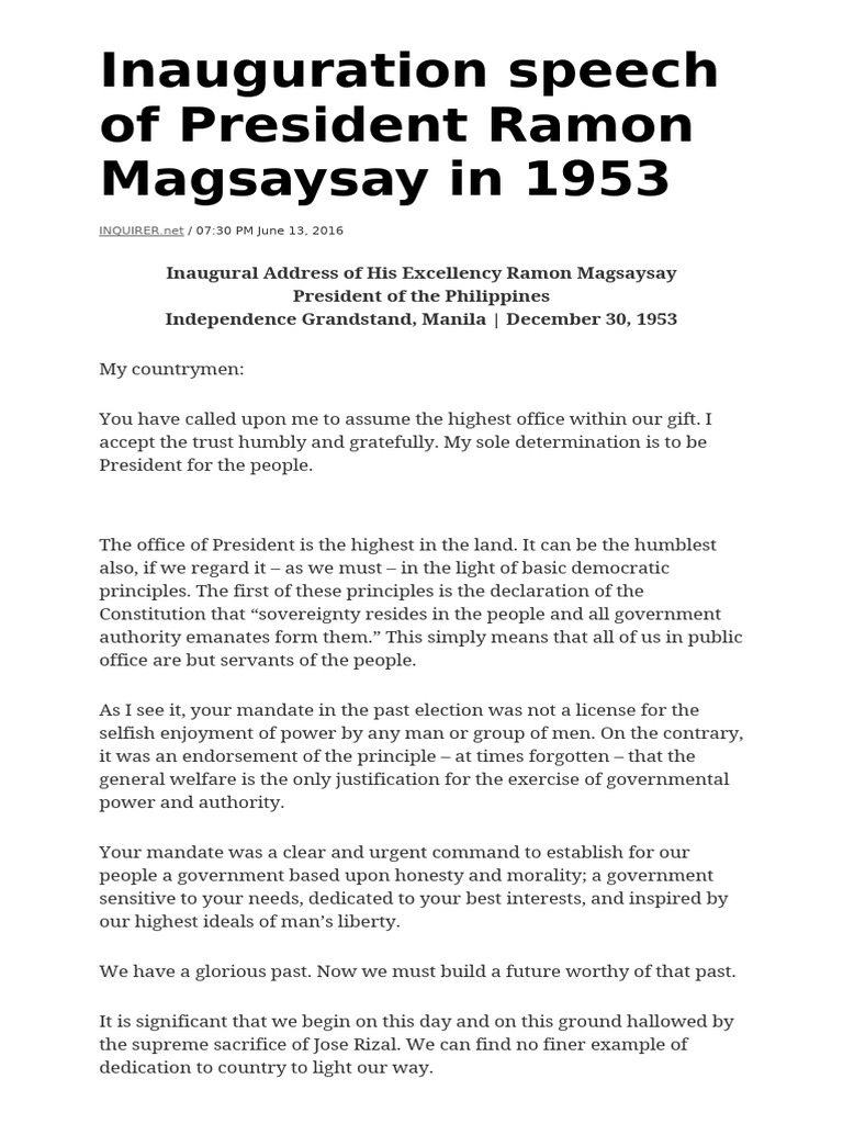 Inauguration Speech of President Ramon Magsaysay in 1953 | PDF