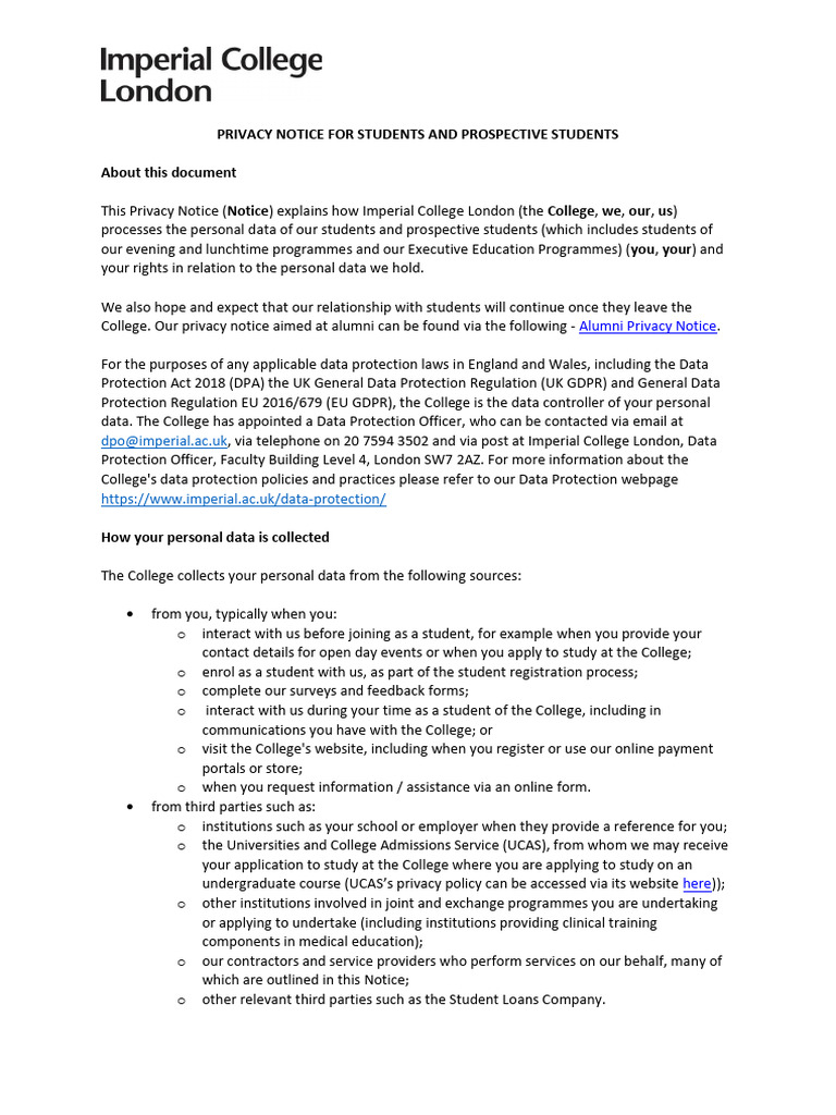 Privacy Notice For Students and Prospective Students | PDF | Consent