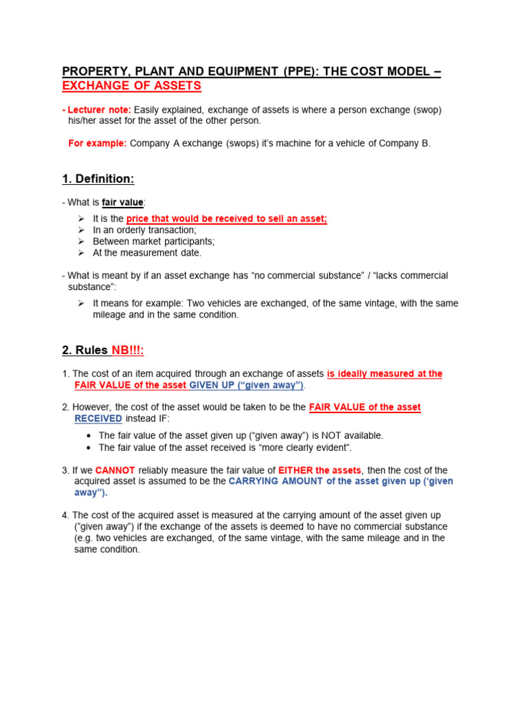 Summary PPE Cost Model - Exchange of Assets | PDF | Fair Value ...